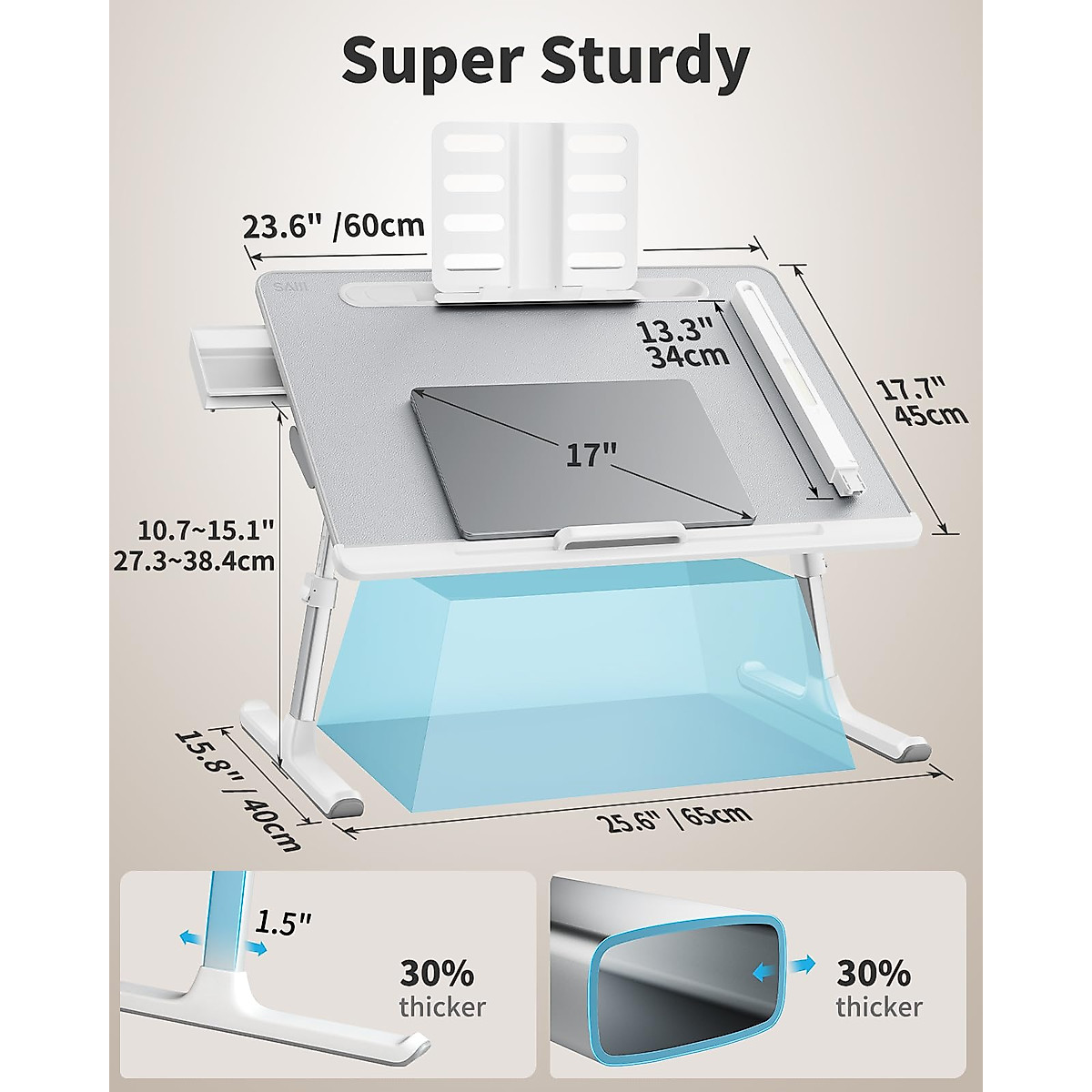 Laptop Bed Tray Desk with LED Desk Light, SAIJI Adjustable Laptop Stand for Bed, XX-Large PVC Leather Foldable Laptop Table with Book Stand, Wrist Rest, Extra Leg Room for Sofa Couch Floor (Gray)
