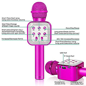 KIDWILL Wireless Bluetooth Karaoke Microphone for Kids, 5-in-1 Portable Handheld Karaoke Mic Speaker Player Recorder with LED Lights for Kids Girls Boys Teens Birthday (1818-Hot Pink)