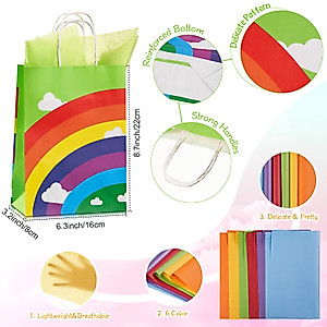 Chrisfall 24 Pcs Party Favors Bags with 30 Pcs Tissue Paper, Kraft Paper Bags with Handles Wrap Goodie Bags for Birthdays, Easter, Weddings, Mother's Day, Baby Showers (Rainbow Pattern)