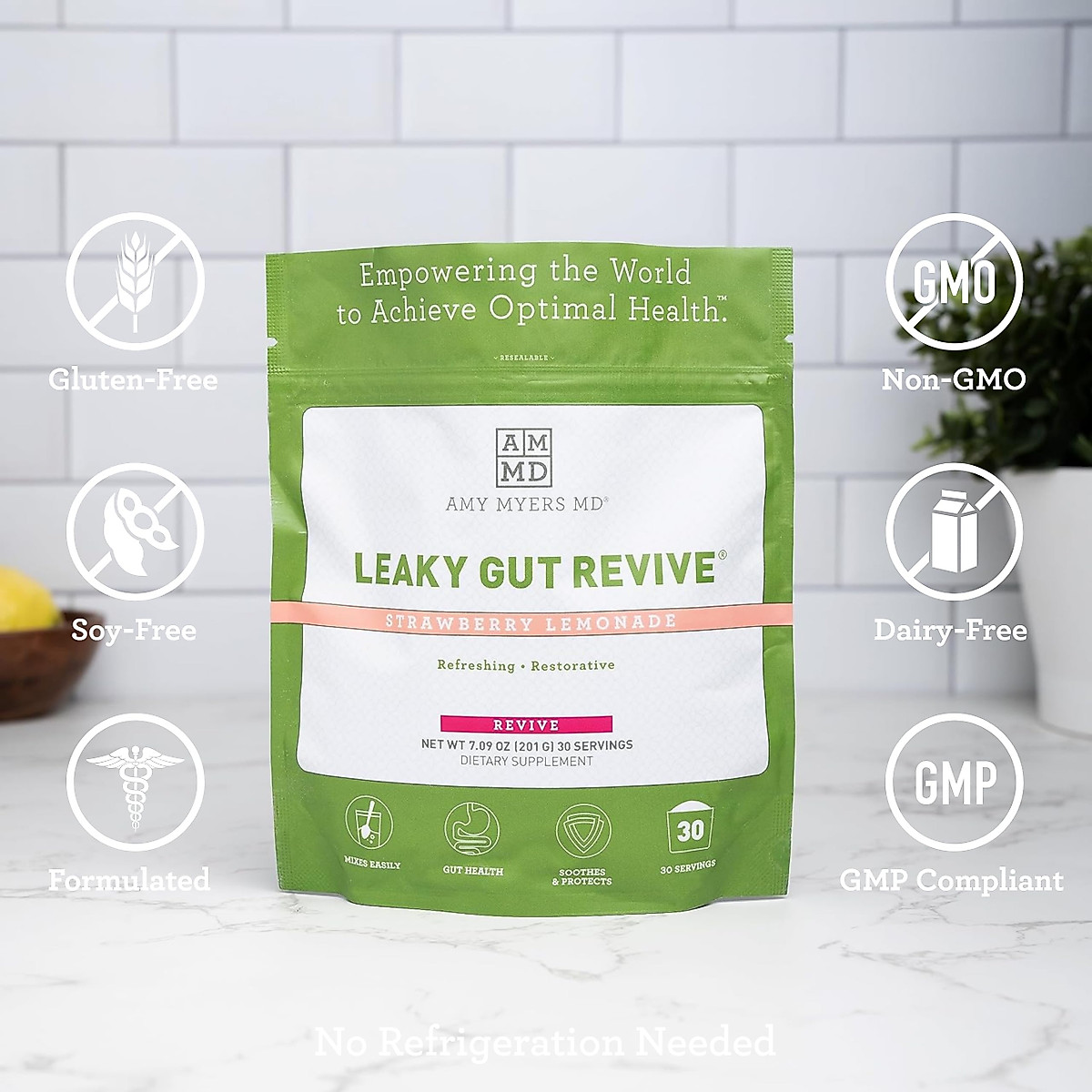 Amy Myers MD Leaky Gut Revive Powder for Gut Repair -L Glutamine, Slippery Elm -Supports Constipation, Diarrhea, Bloating, Heartburn, SIBO -Licorice & Marshmallow Root -Strawberry Lemonade- 7.09 Oz