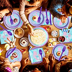200Pcs Mermaid Paper Plates and Napkins Set,Mermaid Birthday Party Supplies Disposable Dinner Tableware Plates Napkins Cups Knives Spoons Fork for Mermaid Kids Birthday Party Decorations,Serve 25Guest