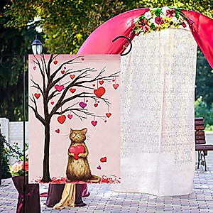 Heyfibro Valentine's Day Cat Garden Flag, Valentines Heart Love Tree Burlap 12 x 18 Inch Double Sided Yard Flag, Spring Seasonal Outdoor Decoration for Valentines Day Gifts(ONLY FLAG)