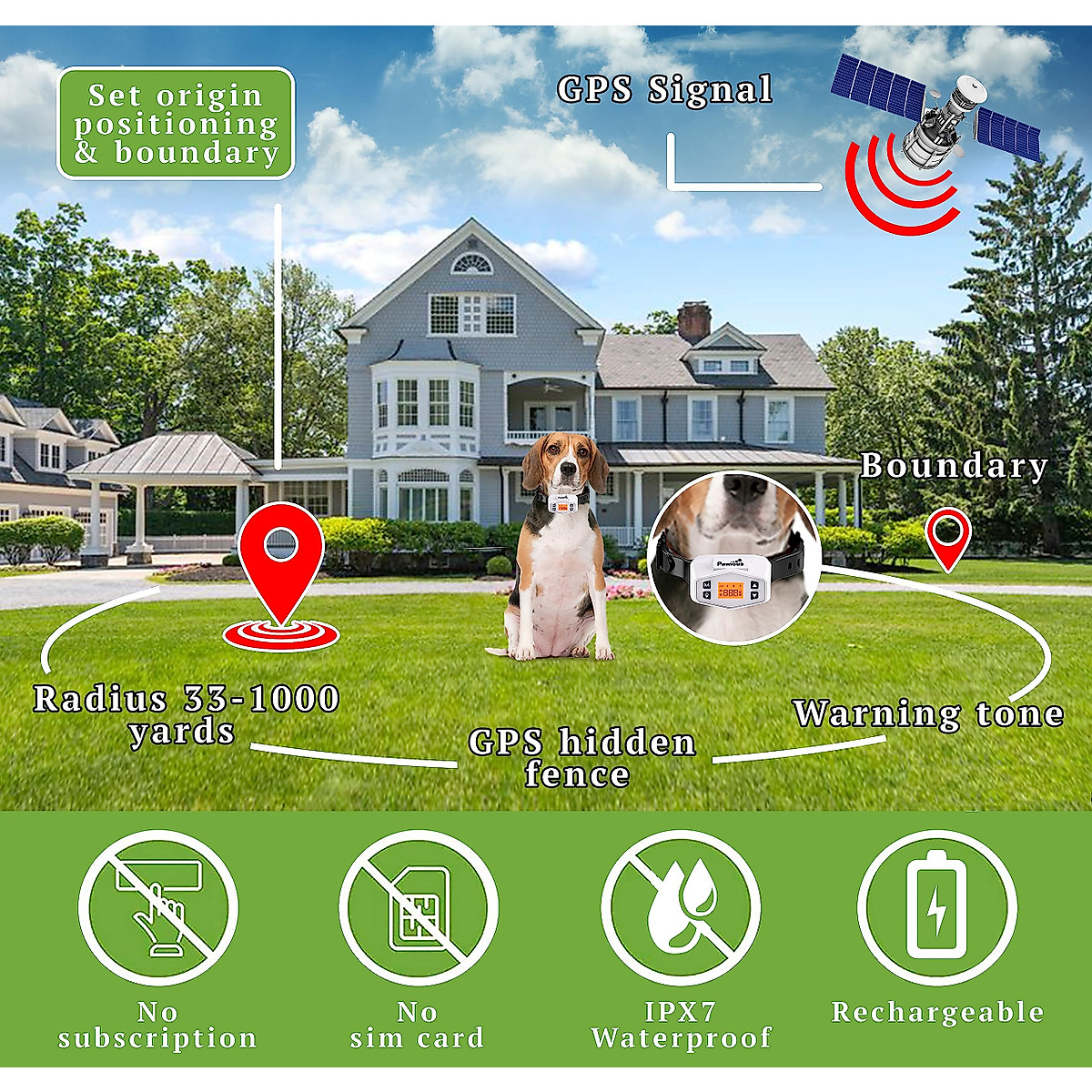Pawious GPS Wireless Dog Fence - Pet Containment System, Electric Dog Fence with Radius up to 1000 Yards, Rechargeable, Perimeter Shock Collar for Medium and Large Dogs, Outdoor Use Only