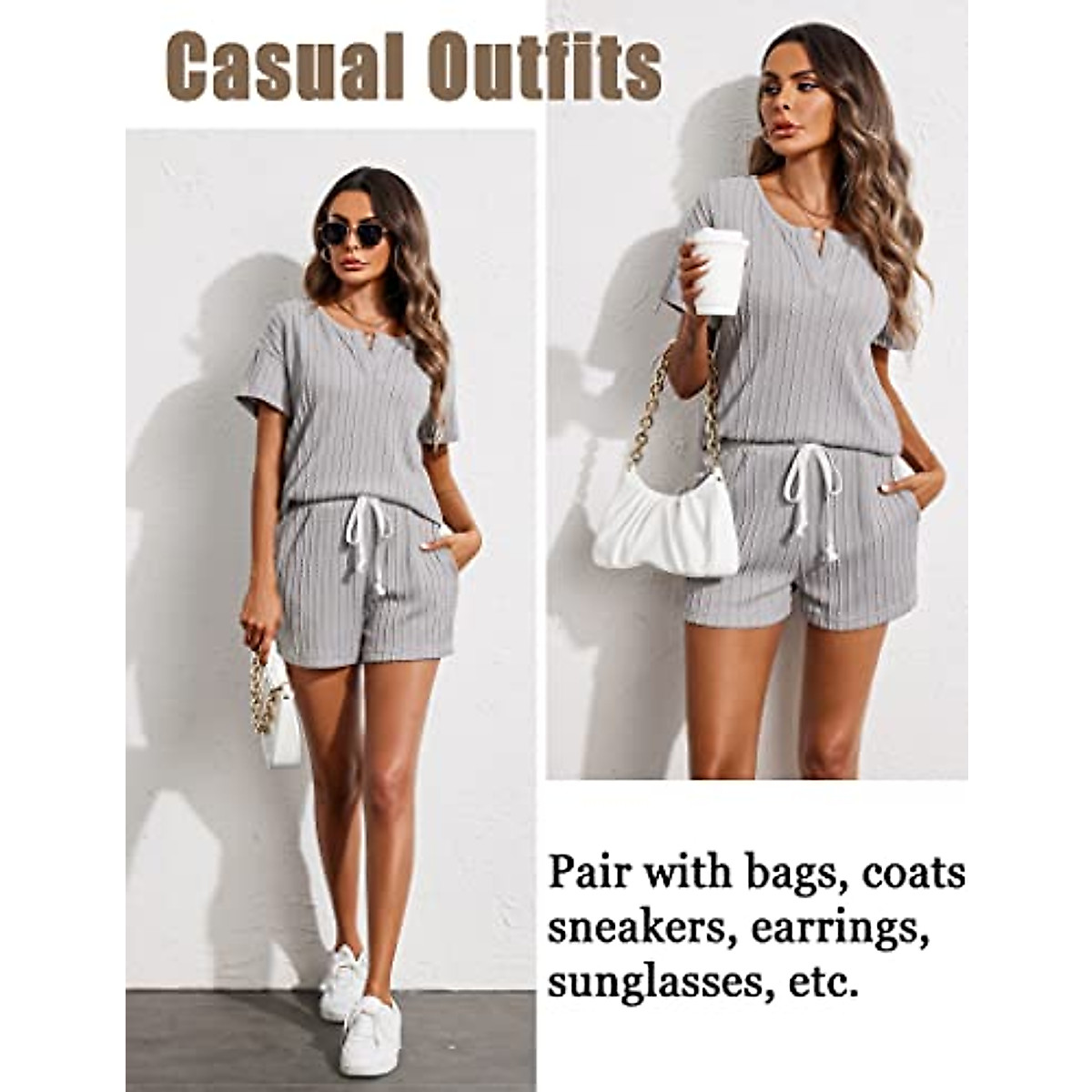 Ekouaer Ribbed Knit Lounge Sets for Women 2 Piece Outfits Short Sleeve Top and Shorts Pajama Sets Tracksuit Sweatsuits Grey