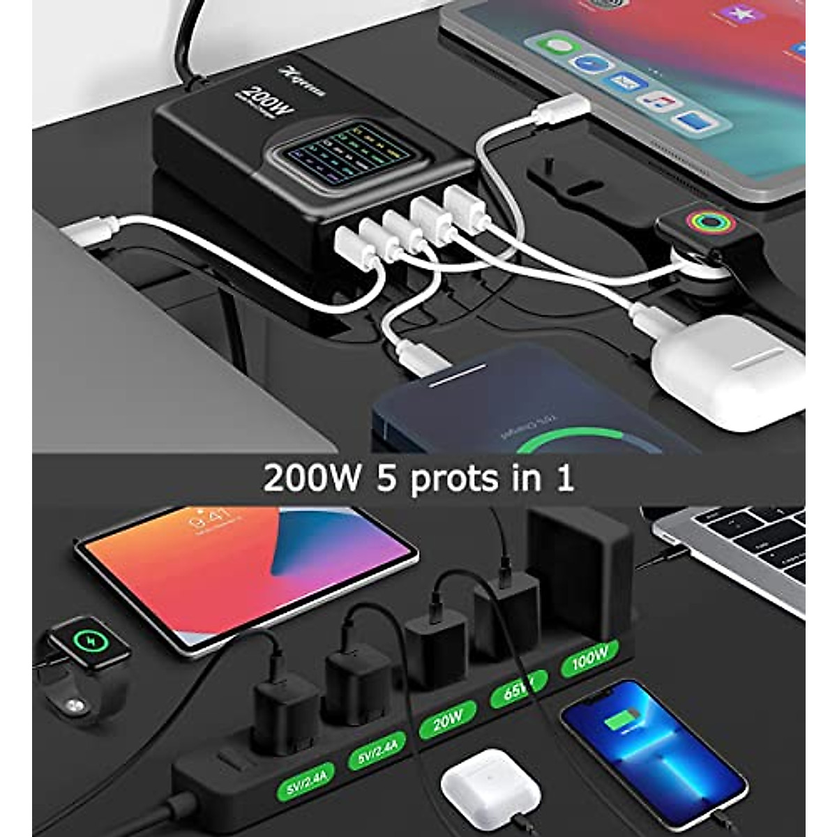 Hqeeun 200W USB C Charger GaN Chargers, 5 Ports Desktop Fast Charging Station with LCD Display, PD 100W PPS 45W QC 22.5W Power Adapter Compatible for iPhone,Samsung Galaxy,iPad,MacBook,Pixel