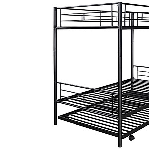 Heavy Duty Metal Bunk Bed Twin Over Twin Bunk Bed with Trundle Bed, Kids Bunk Bed with Ladder and Guardrails, Twin Bunk Beds for Kids, Boys, Girls, Teens, Black Bunk Bed Twin Size