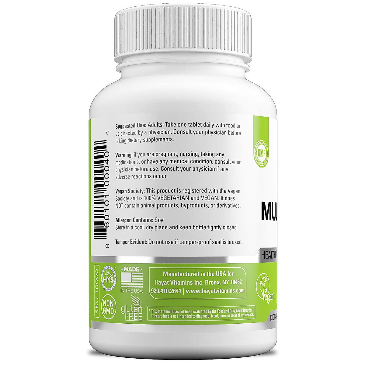 HAYAT Vitamins Vegan Natural Multivitamin, Daily Vitamins with Vitamin A, C, D, E, B1, B2, B3, B6, B12, Biotin, Zinc and More, 2 Month Supply, All Natural, Certified Halal, 60 Tablets, Made in The USA