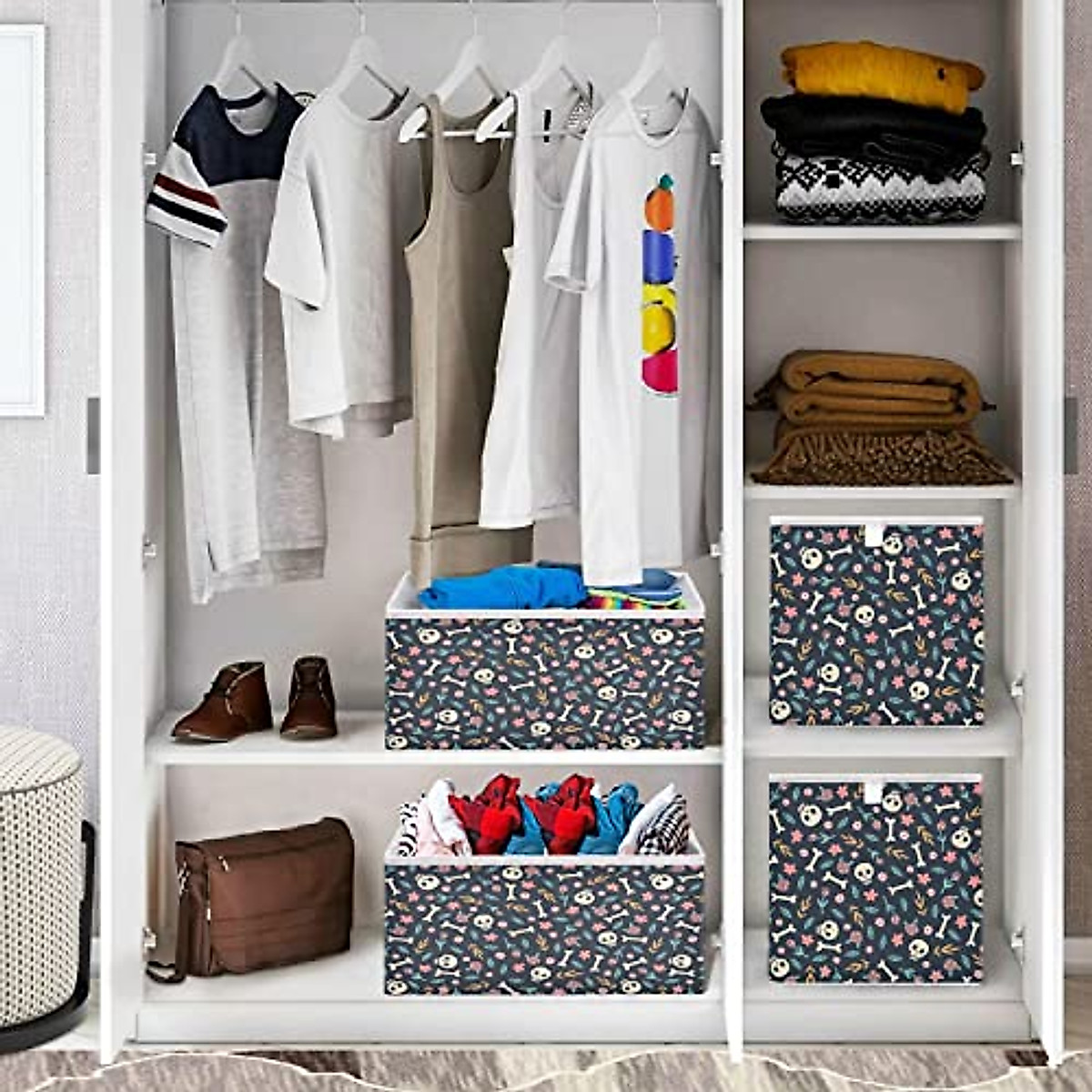 visesunny Closet Baskets Cute Skull Flower Plant Storage Bins Fabric Baskets for Organizing Shelves Foldable Storage Cube Bins for Clothes, Toys, Baby Toiletry, Office Supply