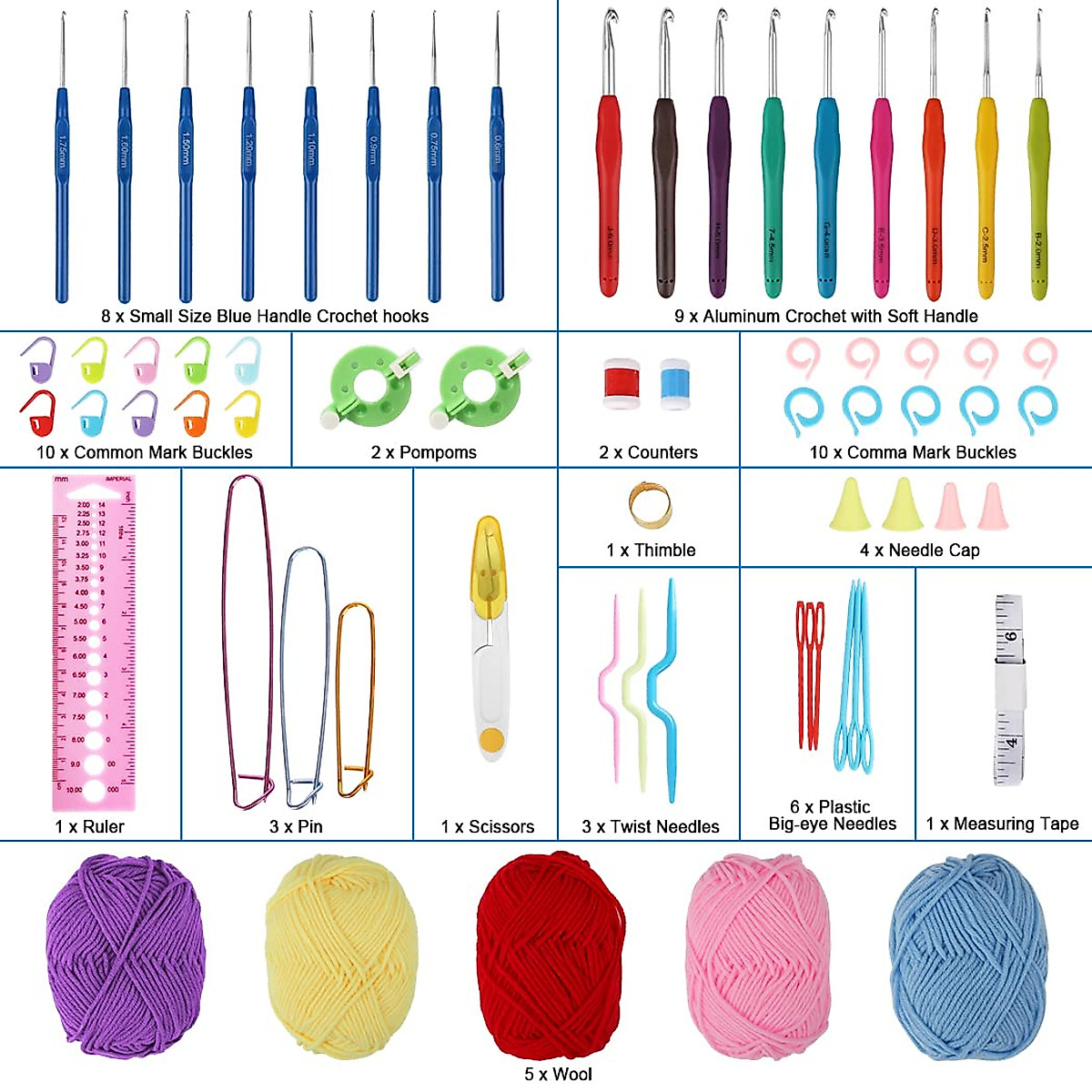 67 Pcs Crochet Hook Set with Case Globalstore Crochet Kit with Yarn, Ergonomic Crochet Kits Include 5 Roll Yarn, Knitting Needles and Other Supplies, Full Crochet Starter Kit for Beginners Adults