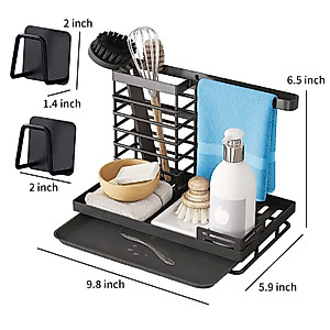 ROMINVIC Sink Caddy Organizer,Kitchen Caddy for Sponge Dishcloth Brush Holder with Black Drain Tray and 2 Sponge Holders 304 Stainless Steel Rustproof