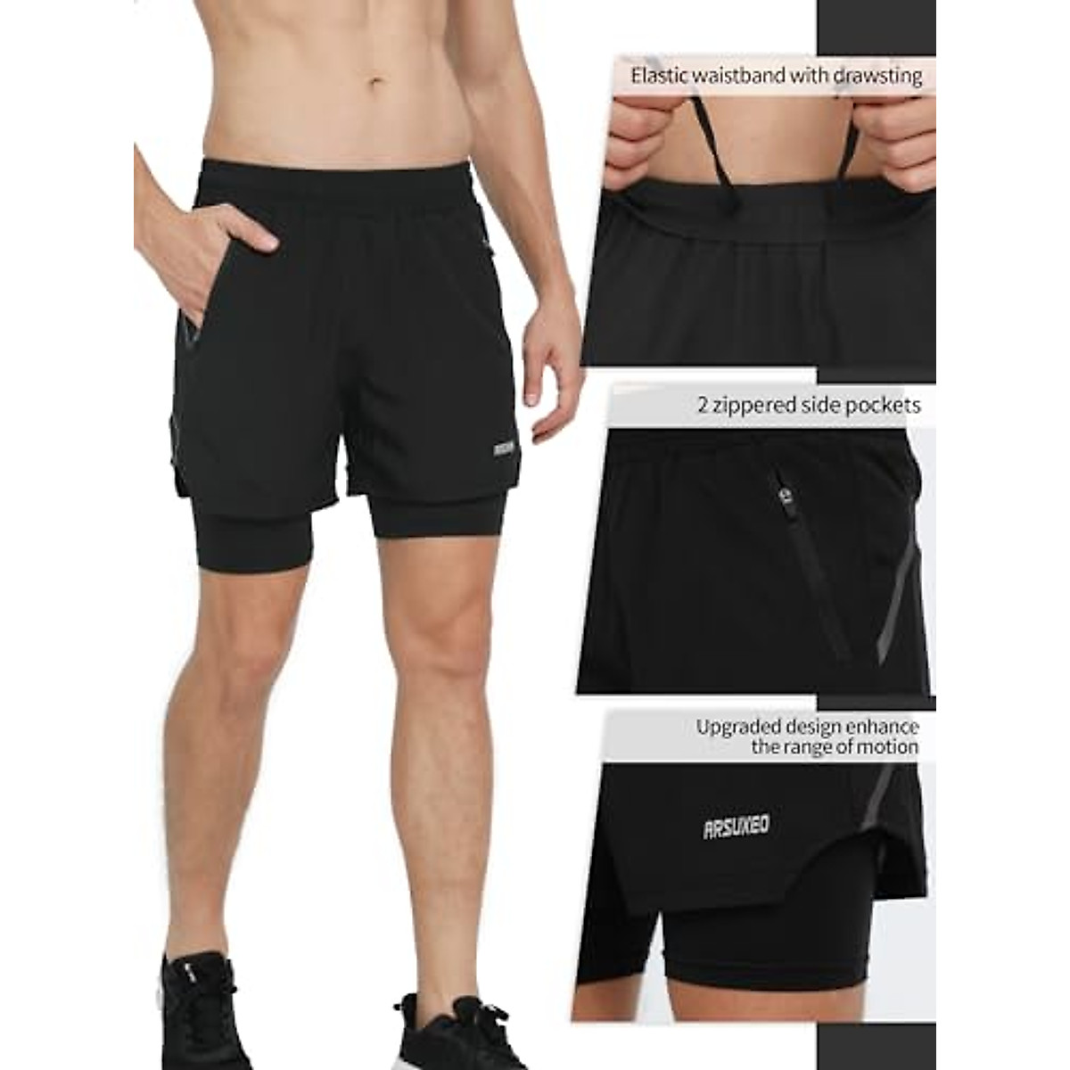 ARSUXEO Men's 2 in 1 Active Running Shorts with 2 Zipper Pockets B191 Black Size Medium