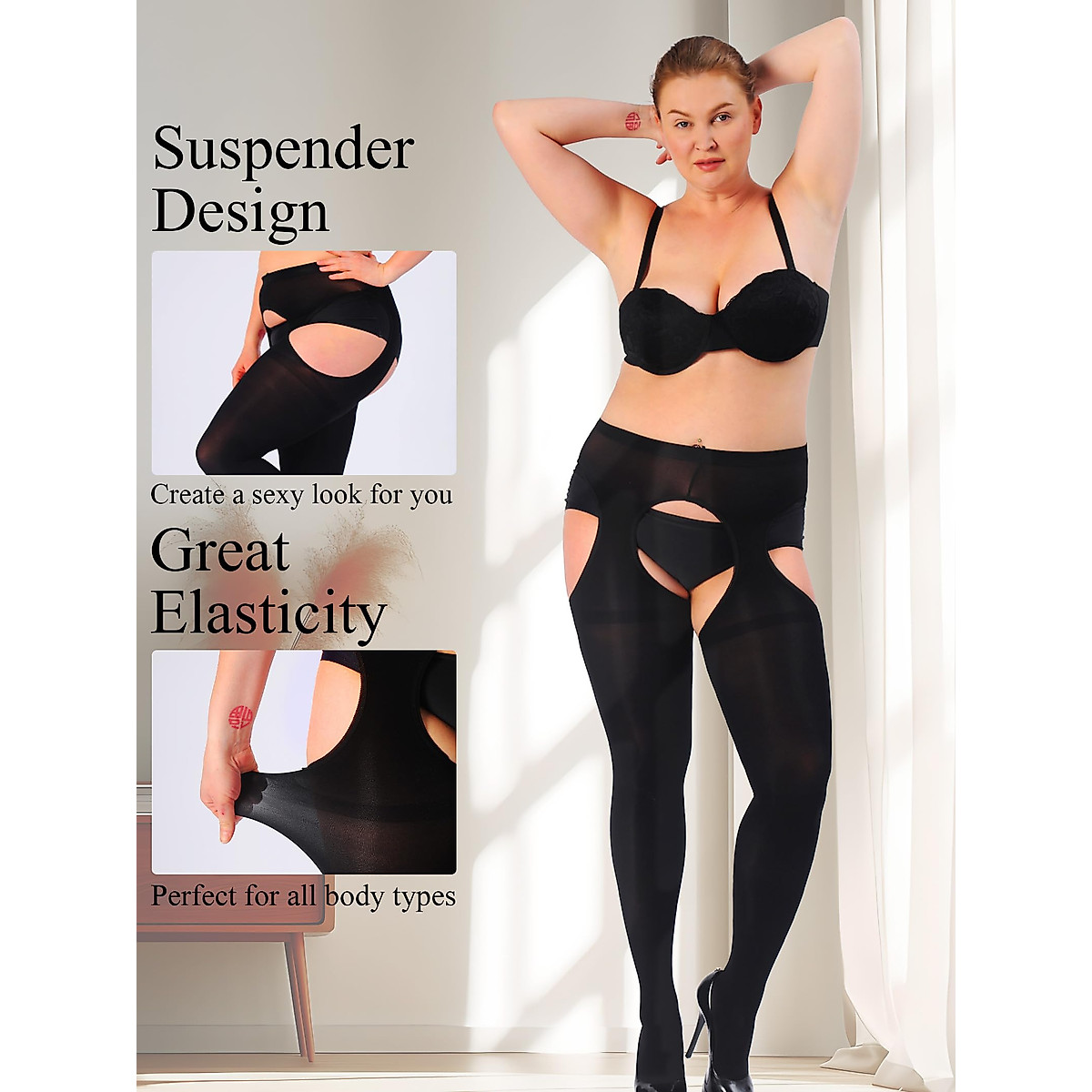 HONENNA Plus Size Suspender Tights for Women, Semi Opaque Sexy Garter Belt Nylons Mock Thigh High stockings, 1 Pair Black M-L