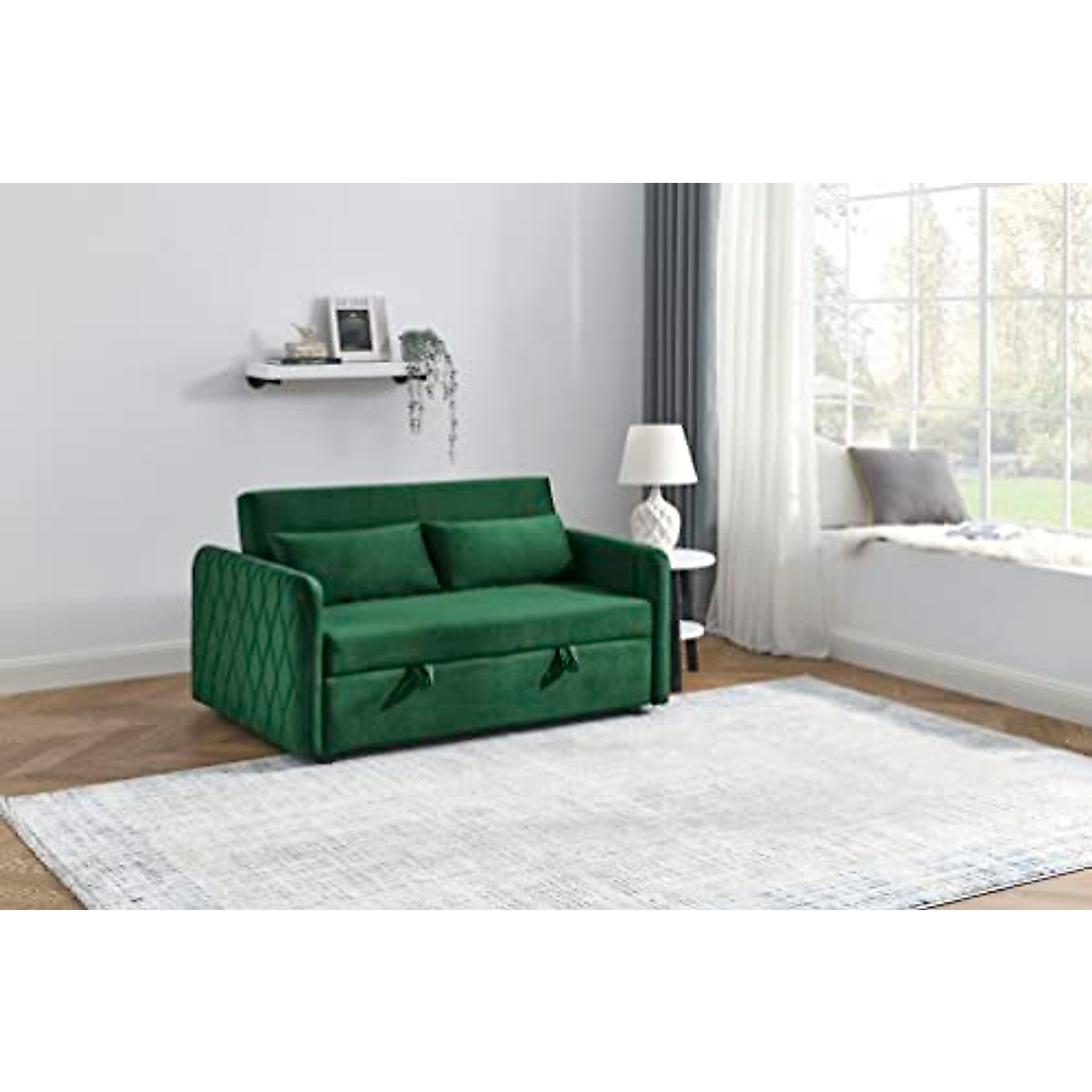 HomSof 2 Pillows and Living Room Adjustable Backrest, Grid Design Armrests 55" Modern Convertible 2 Detachable Arm Pockets, Velvet Loveseat Sofa with Pull Out Bed, Style B, Green