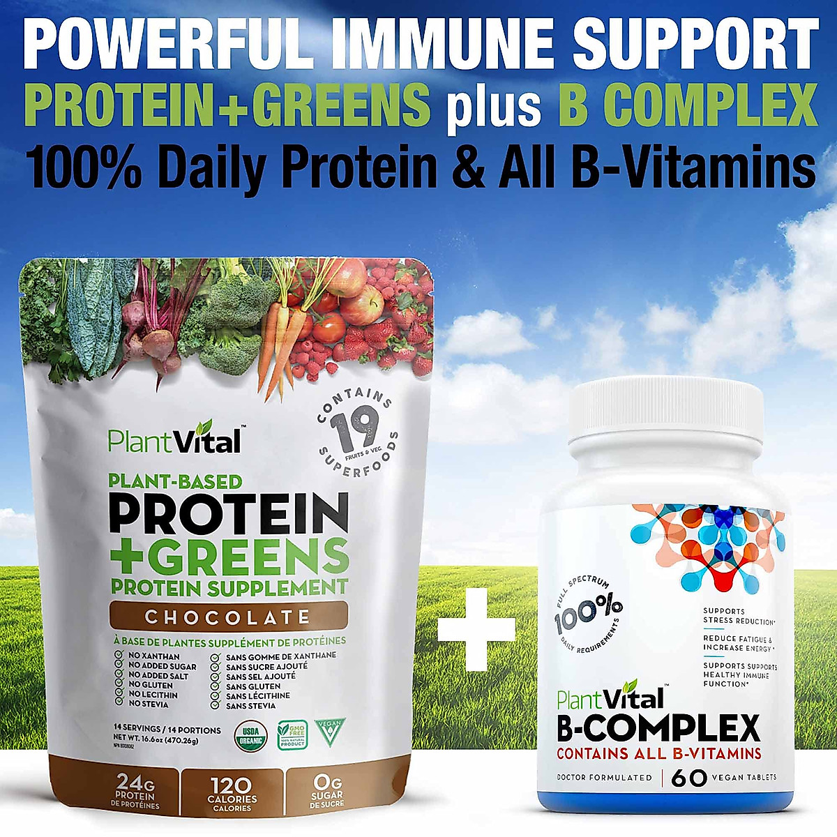 Plantvital Vegan Protein Powder Plant Based - Organic Protein Powder Chocolate - 24g/0g Sugar, 18 Superfoods, Probiotics, Raw Cocoa, Pea, Gluten-Free, Keto-Friendly, 16oz