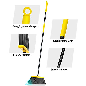 JEHONN Outdoor Broom Heavy Duty with 55 inches Long Handle, Household Collapsible Angle Brush for Sweeping Indoor Kitchen Patio Shop Outside Garage Lobby Garden Deck Hardwood Floors (Yellow)