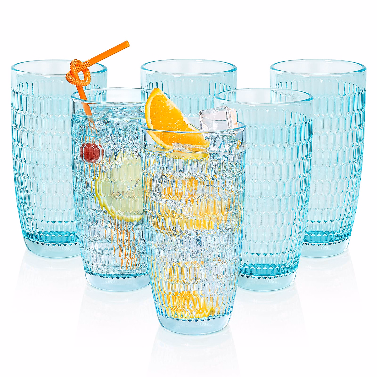 GRANDARTIC Highball Glasses,Clear Drinking Glass Tumbler Set of 6, Vintage Tall Beverage Water Tumblers for Soda, Juice, Iced Tea, Cocktails on Kitchen 14.8oz, Light Green