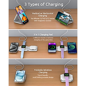 3 in 1 Foldable Wireless Charger, Wireless Charging Station for iPhone 15/14/13/12/11 Pro Max/X/XS, Fast Magnetic Travel Wireless Charging Pad for AirPods 3/2/Pro Apple Watch