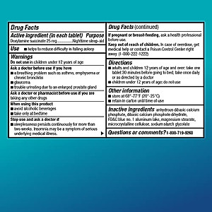 Amazon Basic Care Sleep Aid Tablets, Doxylamine Succinate Tablets, 25 mg, Nighttime Sleep Aid to Help You Fall Asleep, White, 96 Count