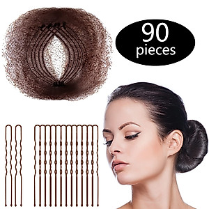 Zonon Bun Hair Nets 50Pcs, Invisible Elastic Edge Mesh, Individual Package, Brown & U Shaped Pins 40Pcs for Ballet Bun, Sleeping, Women and Wig
