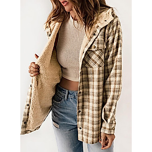 Dokotoo Shacket Jacket Women Fashion Plaid Oversized Hooded Long Sleeve Flannel Shirts Button Down Sherpa Coats Pocketed Casual Winter Fall 2024 Thick Fleece Lined Oversized Outerwear Khaki L