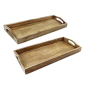 AuldHome Rustic Wood Serving Trays (Set of 2), Handmade Primitive Rectangular Mango Wood Nesting Trays, Handmade in India