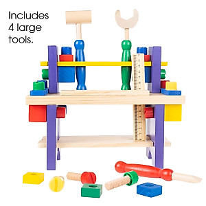 Hey!Play! Kids Workbench and Tool Set- Solid Wood Tabletop Workshop, Pretend Play Toy Building Set, Includes Hammer, Ruler, Screwdriver, Wrench