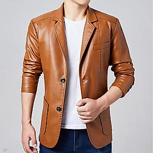 Rayiisuy Mens PU Leather Blazer Men's Casual Single Button Suit Coat Slim Fit Lapel Black Jackets For Men Stylish Faux Leather Outwear (Brown), XY-903, Large