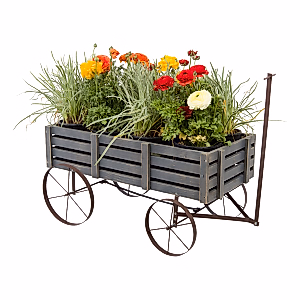 Shine Company Decorative Buckboard Wagon Garden Planter, Wooden Wagon Yard Décor for Outdoor Plants, Gray