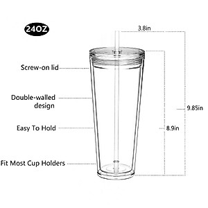 Suertestarry Insulated Tumblers Double Wall Clear Plastic Tumblers 3 Pack 24oz Tumblers with Lids and Straws,Reusable Cups With Straw,Perfect for Parties, Birthdays,Gifts (Transparent 3 Packs)