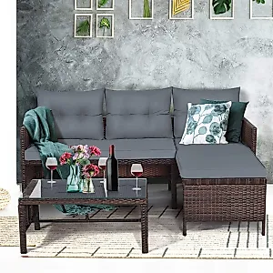 LUARANE Patio Corner Sofa Set, 3-Piece Outdoor Patio Conversation Furniture Sets, with Lounge Chair, Double Chair and Coffee Table, Patio Garden Poolside Lawn Backyard Furniture (Grey)