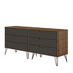 Manhattan Comfort Rockefeller Mid Century 6-Drawer Double Low Dresser with Metal Legs, Nature and Textured Grey