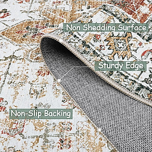 Moynesa Ultra-Thin Washable Area Rug - 5x7 Rugs for Living Room Washable Rugs for Bedroom Soft Office Mat, Printed Low Pile Accent Dining Room Carpet for Basement Nursery Playroom, Beige/Gold