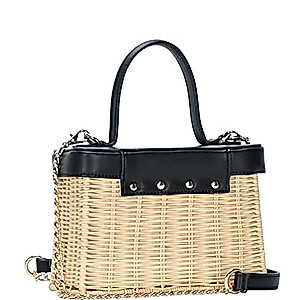 Top-Handle Structured Rattan Straw 2-Way Boxy Satchel Purse Handbag Crossbody (Rose)