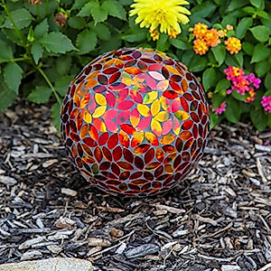 Lily's Home Colorful Mosaic Glass Gazing Ball, Designed with a Stunning Holographic Petal Mosaic Pattern to Bring Color and Reflection to Any Home and Garden, Red and Gold (10" Diameter)
