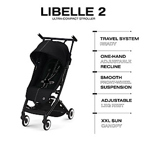 CYBEX Libelle 2 Ultra Compact and Lightweight Baby Pockit Travel Stroller with UPF 50+ Sun Canopy for Babies and Toddlers - Carry-On Luggage Compliant - Compatible with CYBEX Car Seats,Moon Black