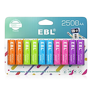 EBL Rechargeable AA Batteries 2500mAh 1.2V Ni-MH Double AA Battery 10 Pack
