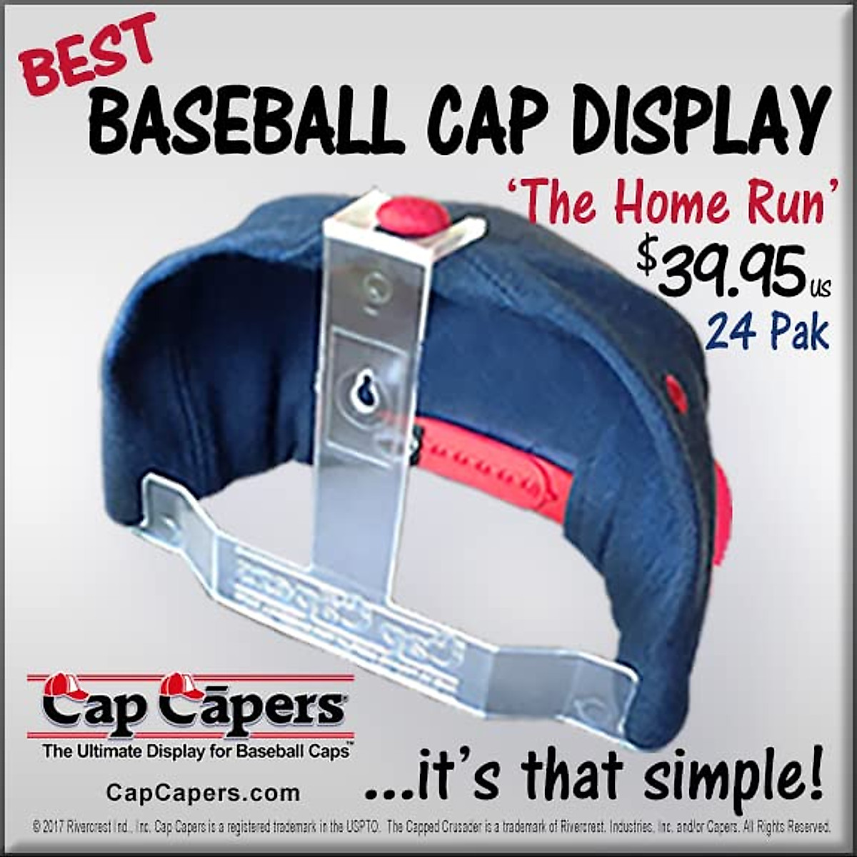 Cap Capers® Baseball Cap Display; Wall Mounted Hat Rack; Baseball Cap Storage & Organization; (24 pk) Great for Cap Collectors. The Ultimate Display for Baseball Caps