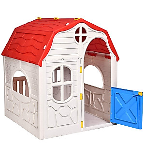 Costzon Kids Foldable Playhouse, Portable Game Cottage with Windows, Door, Realistic Home and Garden Play House, Gift for Toddler Boys Girls Indoor Outdoor