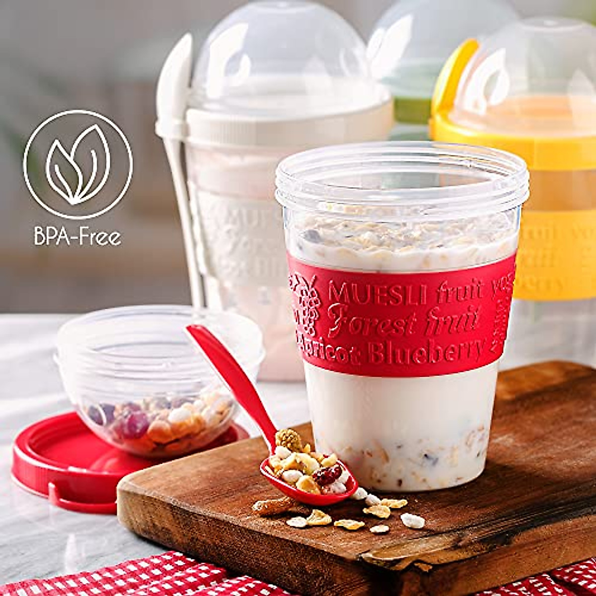 Crystalia Breakfast On the Go Cups, Take and Go Yogurt Cup with Topping Cereal or Oatmeal Container, Colorful Set of 4 (Large 20 oz)
