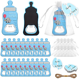 20 Pieces Poppin Bottle Shaped Bottle Opener Blue Baby Shower Favor Magnetic Bottles Shaped Party Favors with 20 Pieces Tags, 20 Pieces White Organza Bags and Burlap Rope for Birthday Party Supplies
