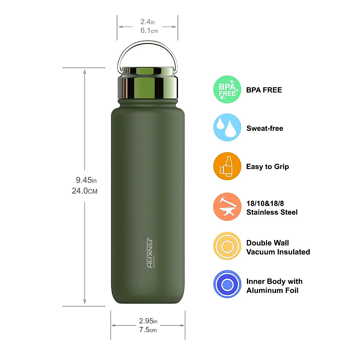 Stainless Steel Water Bottle-PINKAH 25OZ Double Wall Vacuum Insulated Travel Sports Bottle, Leak Proof and Sweat Proof Sports Bottle with Wide Mouth Lid for Office, Outdoor Camping