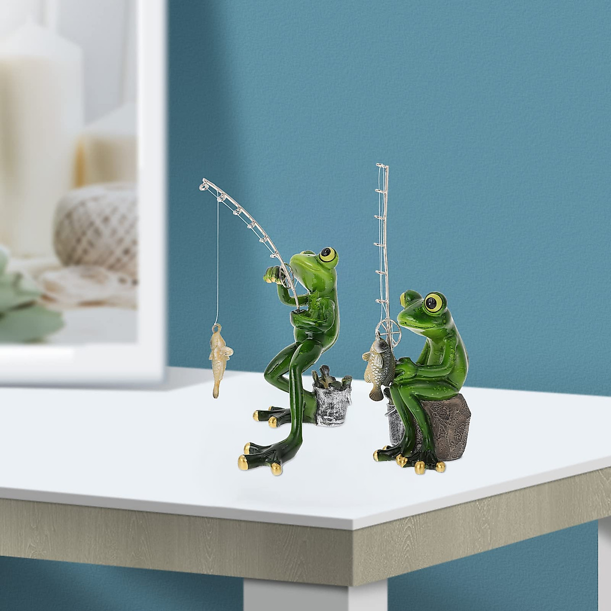 Funny Frog Figurines Garden Statue: Fishing Frog Ornament 2pcs Animal Collectible Figurines Sculpture for Bonsai Yard Table Desk Decor