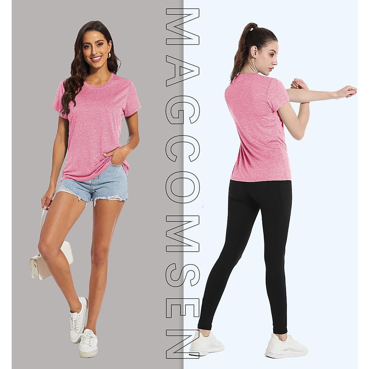MAGCOMSEN Womens Running Shirts Short Sleeve Fitness Workout Athletic T-Shirt Hiking Shirts Dry Fit Jogging Shirts Pink Large