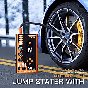 BATYJUMS Battery Jump Starter with - Air Compressor Portable Car Jump Box,𝟰𝟬𝟬𝟬𝗔 𝟭𝟮𝗩 Emergency Booster Pack, Gasoline 𝟭𝟬𝗟 Diesel𝟭𝟬𝗟, 𝟭𝟱𝟬𝗣𝗦𝗜 for Auto Motorcycle