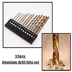 Seamaka 13PCS Hex Shank Titanium Twist Drill Bit Set,1/16"-1/4" High Speed Steel Twist Drill Bit for Wood Plastic Metal O-065