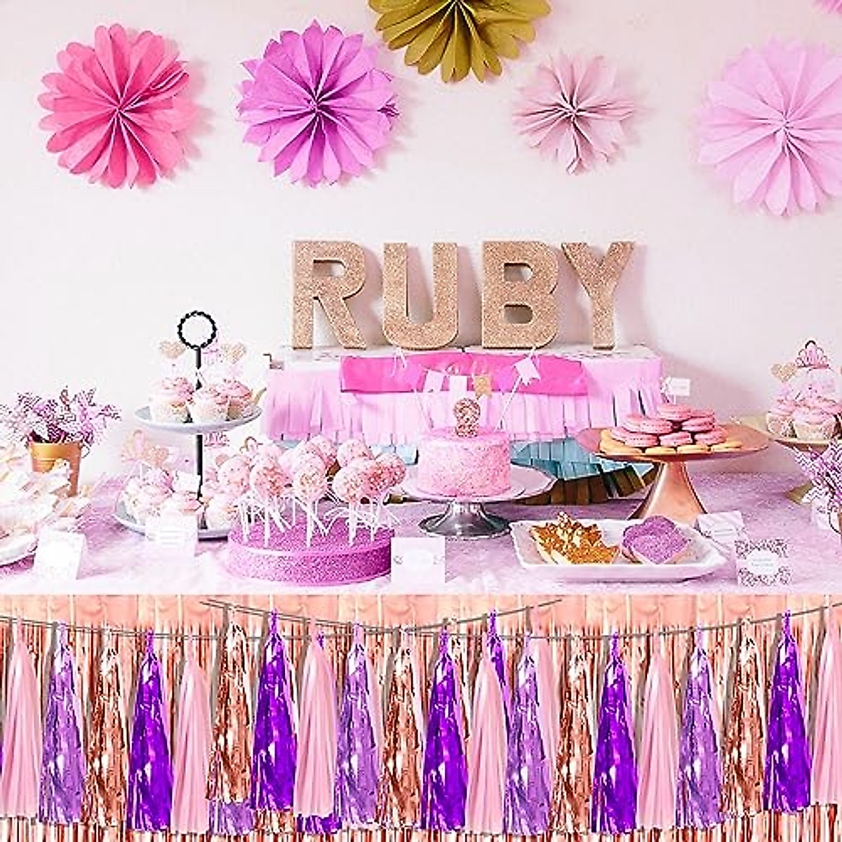 4P Pink-Purple Rose-Gold Party-Decorations Tassel Garland, Tassels Banner Streamers for Parade Floats, Bachelorette, Wedding, Birthday, Halloween, Christmas,