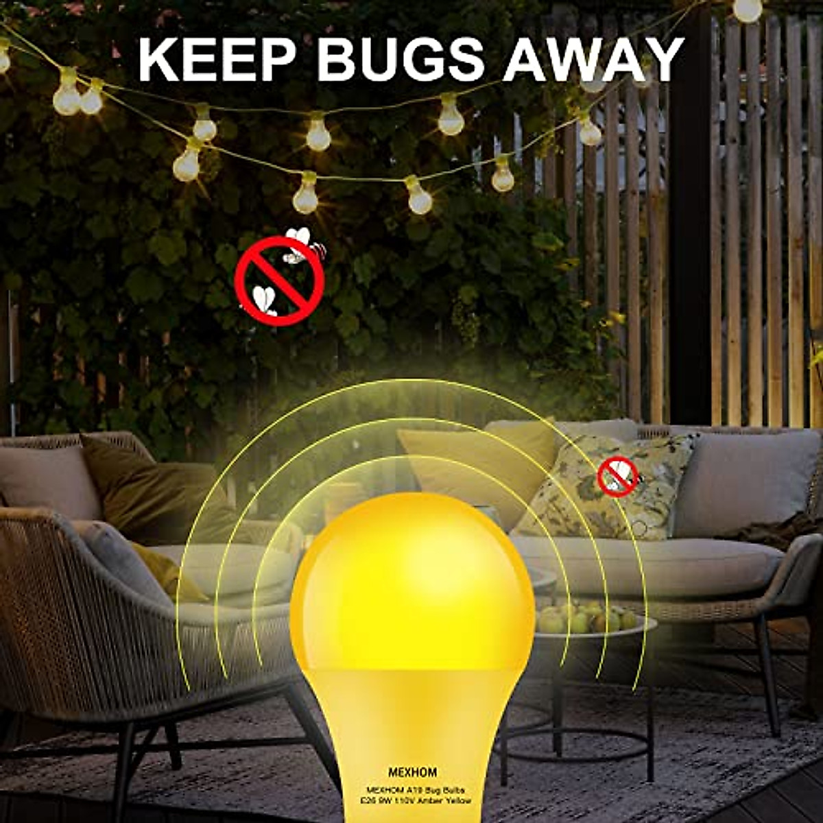 Mexhom 2 Pack Yellow Bug Light Bulbs Outdoor 9w(Equivalent100W) 110V E26 Bug Light for Outside Non Dimmable A19 LED Bug Light Bulbs for Porch Light, Backyard,Garden