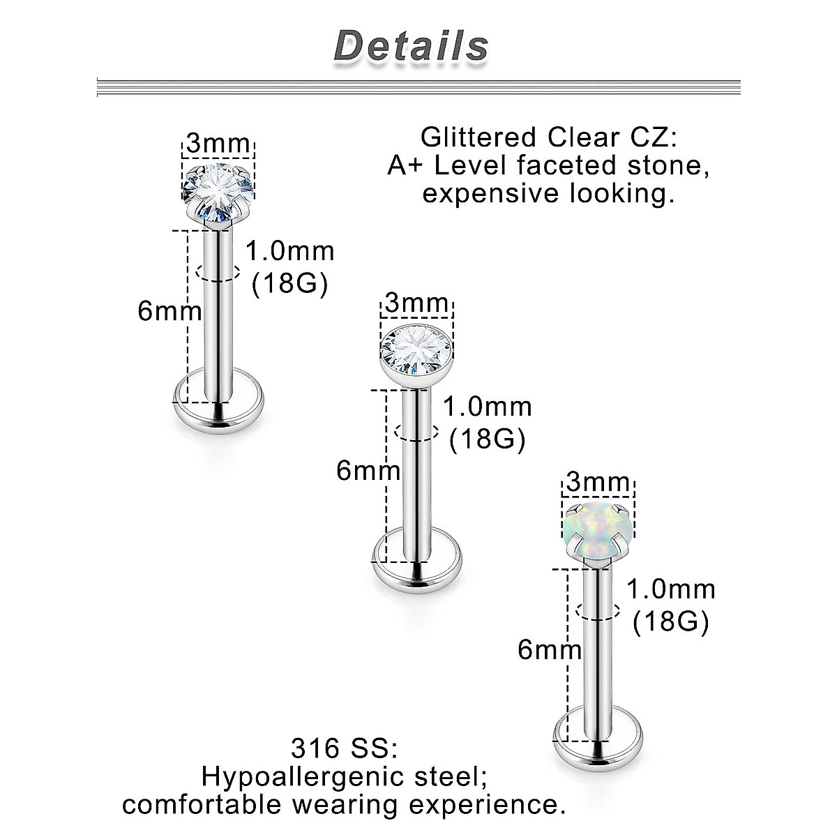 Ocptiy 18G Push in Nose Ring Stud for Women Surgical Stainless Steel Straight Threadless Nostril Lip Bone Pin Bar Cartilage Tragus Helix Earring Piercing Jewelry Men Diamond 3mm Silver