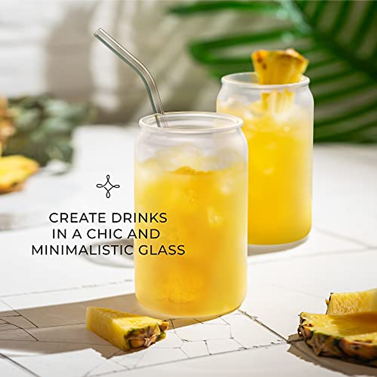 Lunnix Drinking Glasses with Lids and Glass Straw 4pcs Set - 16oz Can Shaped Glass Cups, Beer Glasses, Iced Coffee Glasses, Cute Tumbler Cup, Ideal for Cocktail, Whiskey, Gift, Tea - 1 Cleaning Brush