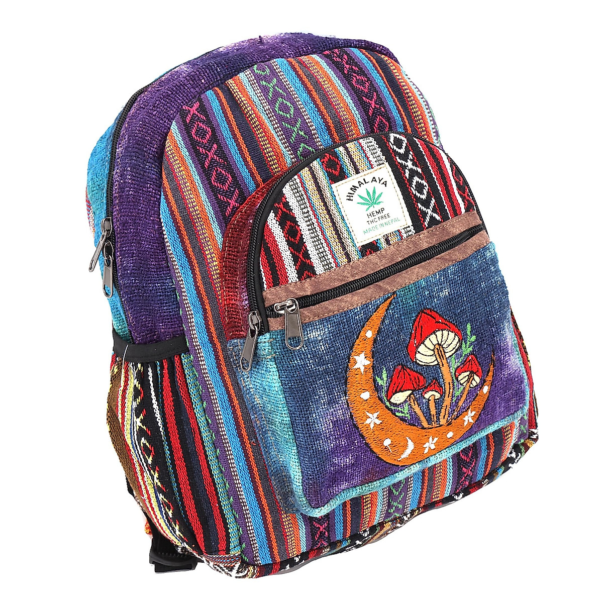 Unique Moon & Mushroom Embroidered Himalaya Hemp Hippie Backpack Festival Backpack FAIR TRADE Handmade with Love. (MINI)